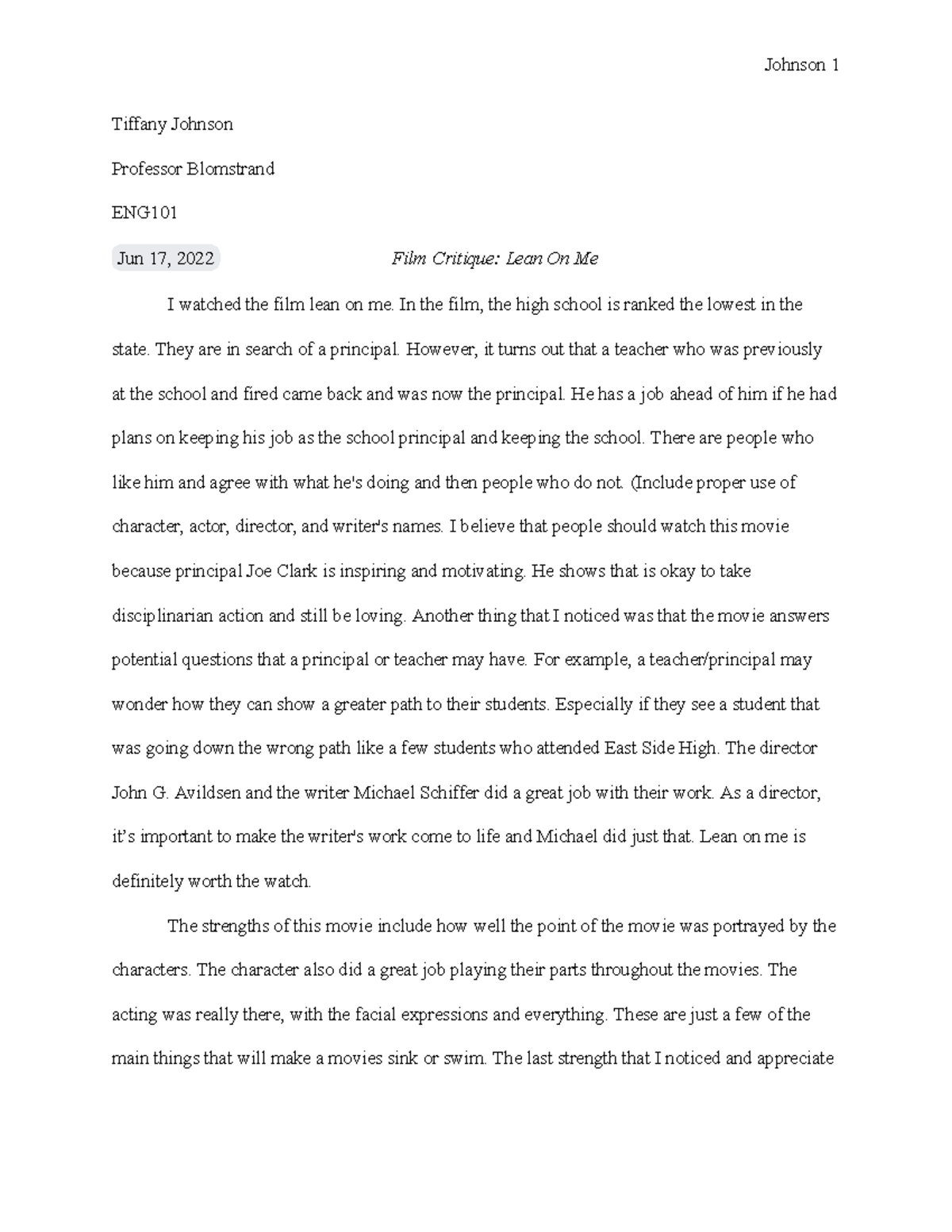 ENG Film Critique: Analysis and Insights on "Lean On Me" - Studocu