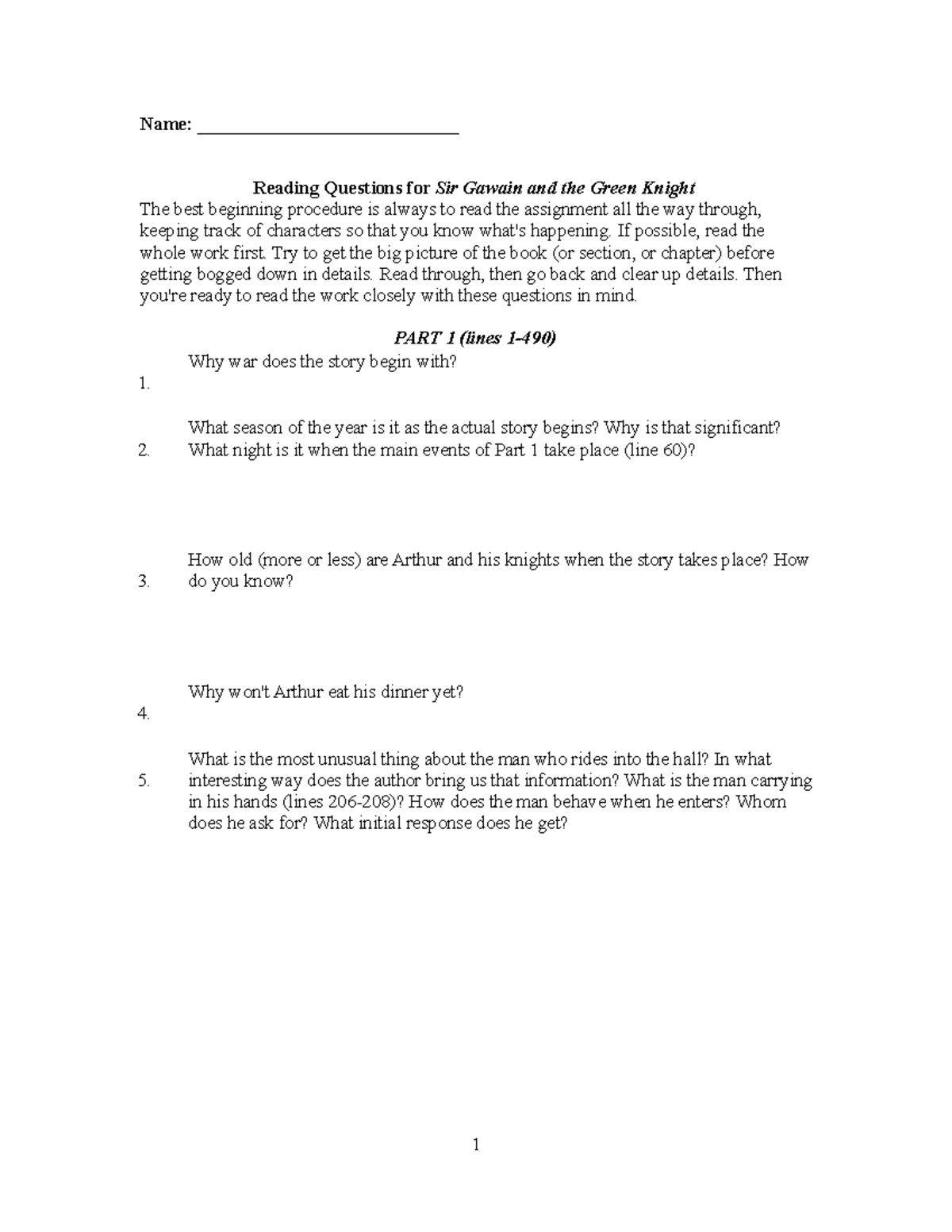 Reading Questions for Sir Gawain and the Green Knight (Literature ...