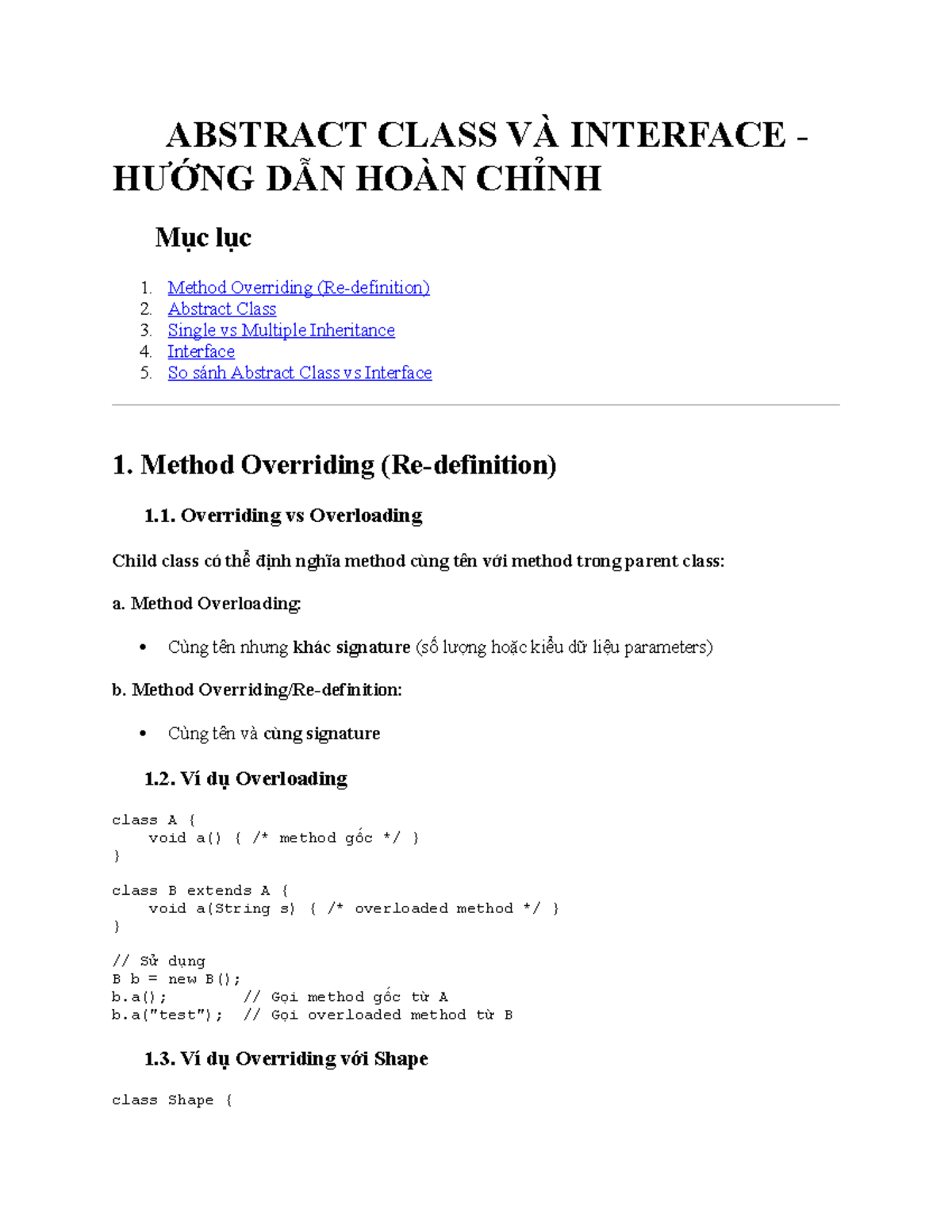 HƯỚNG DẪN HOÀN CHỈNH VỀ ABSTRACT CLASS VÀ INTERFACE - Studocu