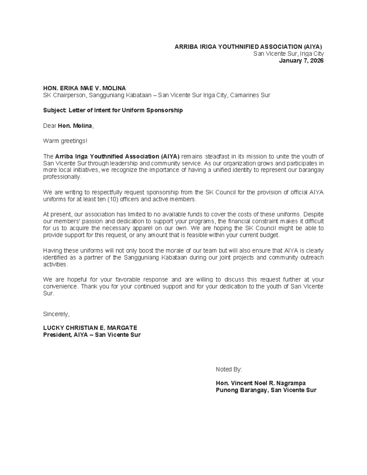 AIYA Uniform Sponsorship Request Letter - January 2026 - Studocu