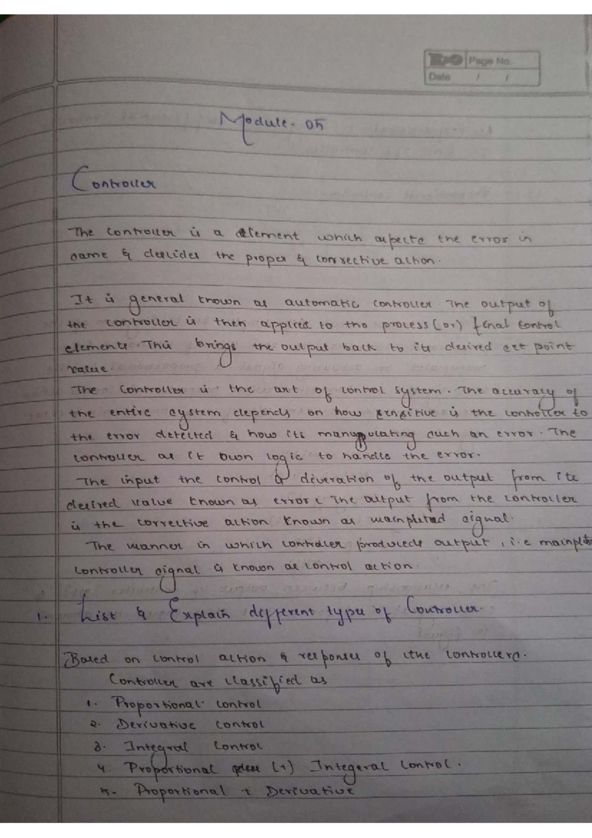 Control Systems: Types of Controllers and Their Characteristics (ENGR 101) - Studocu