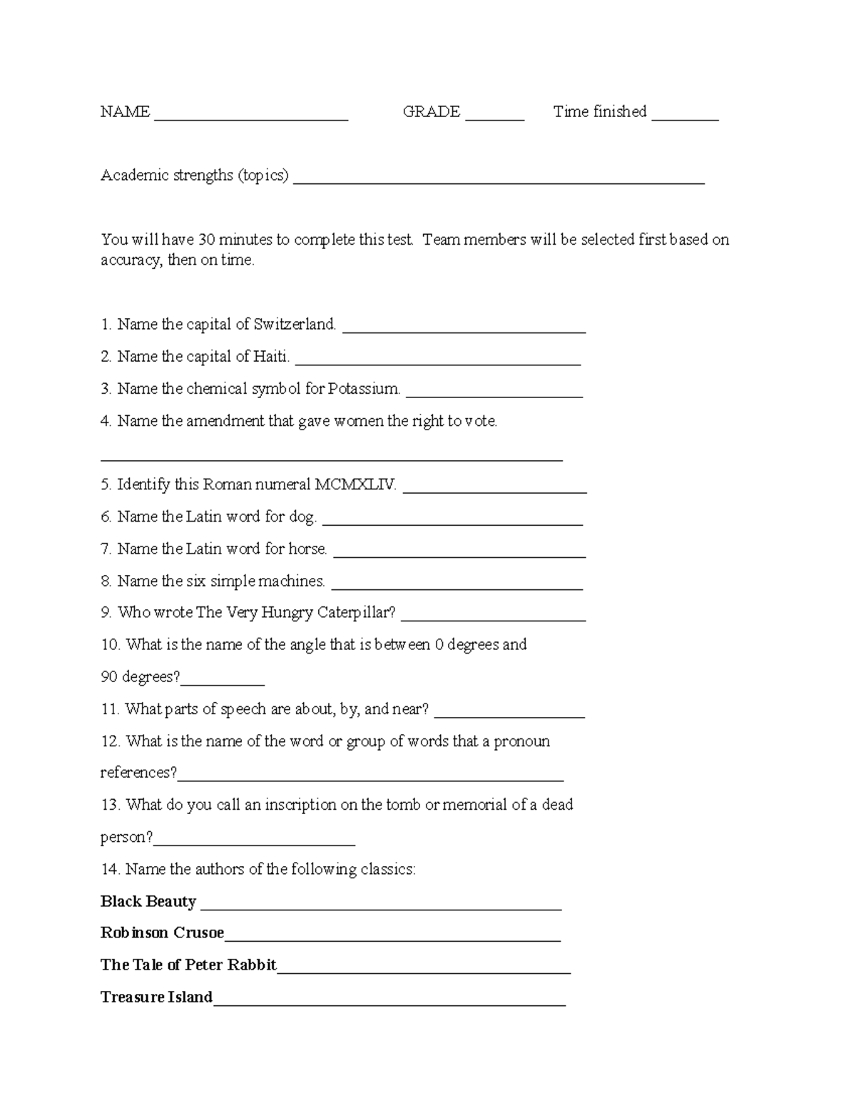KB tryout test #1 - practice test - NAME _______________________ GRADE ...