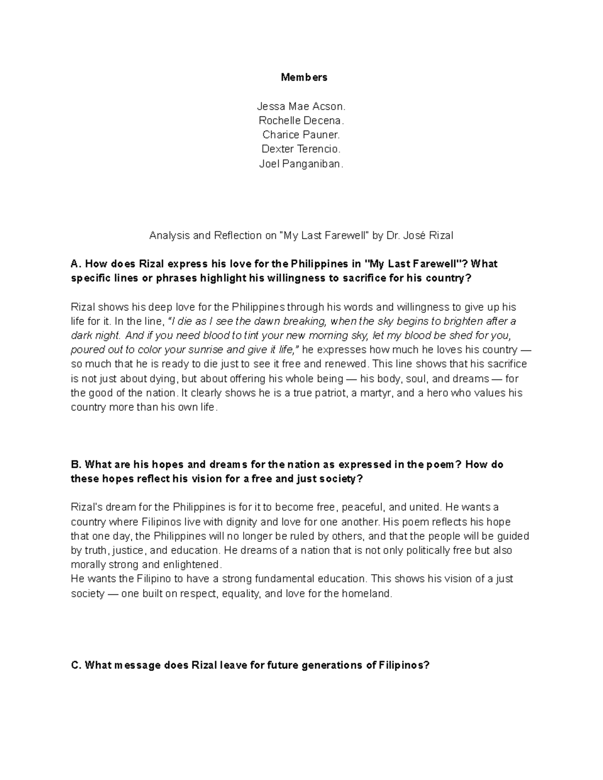 Analysis and Reflection on "Mi Último Adiós" by Dr. José Rizal - Studocu
