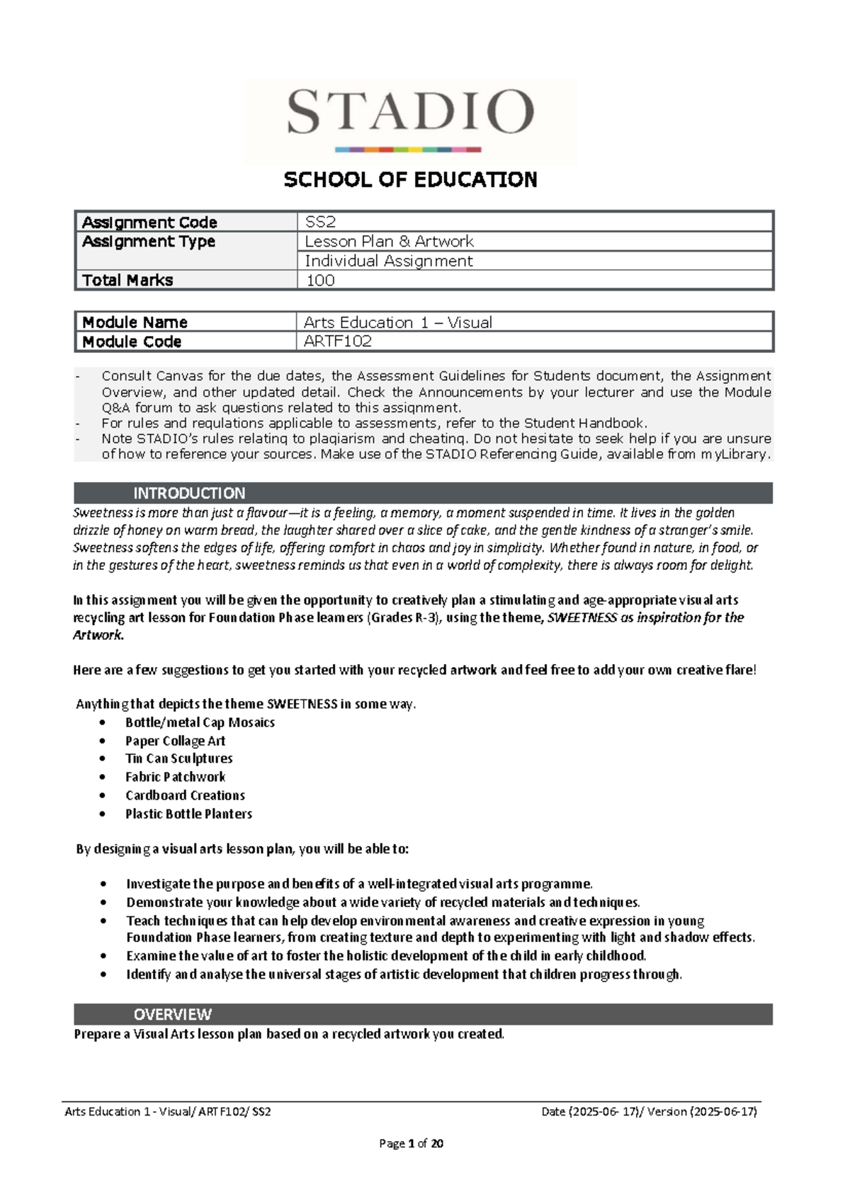 ARTF102 SS2 Lesson Plan: Creative Arts with Recycled Materials - Studocu