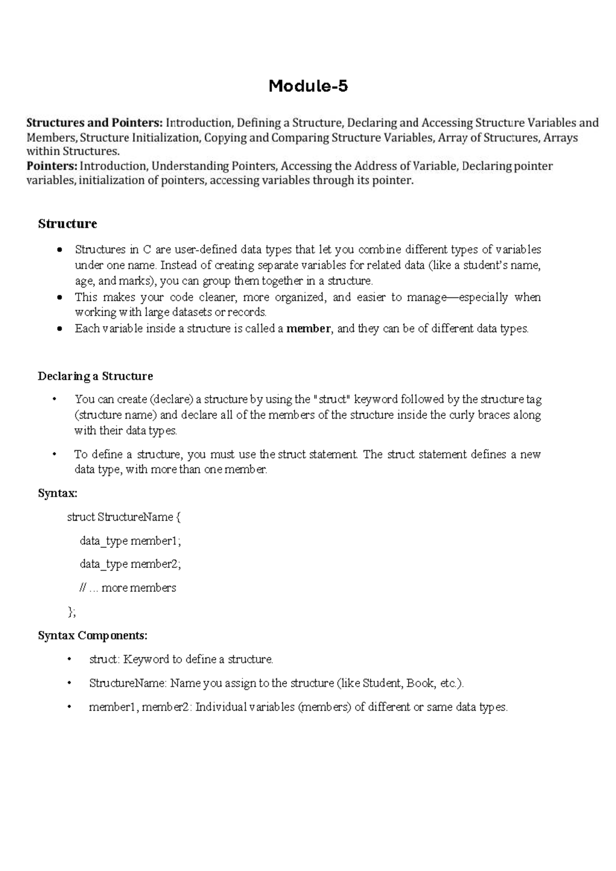 Module-5 Notes: Understanding Structures and Pointers in C - Studocu