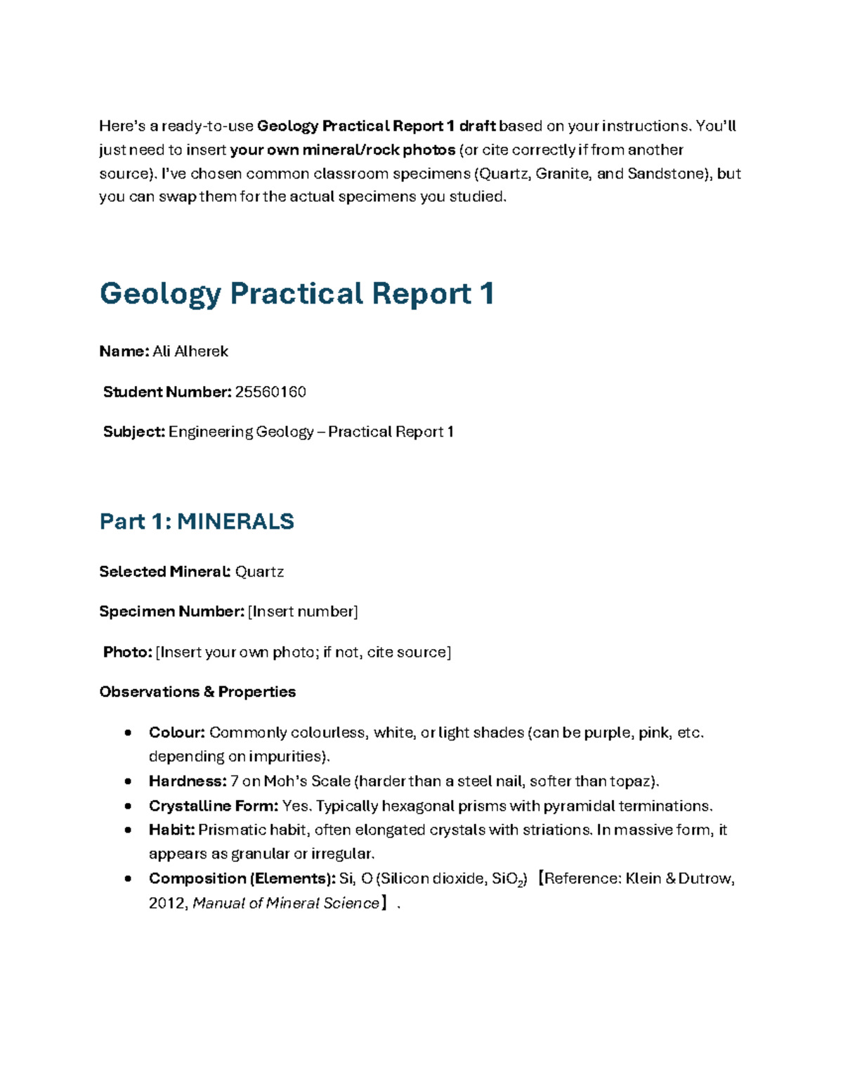 Engineering Geology Practical Report 1: Minerals & Rocks Analysis - Studocu