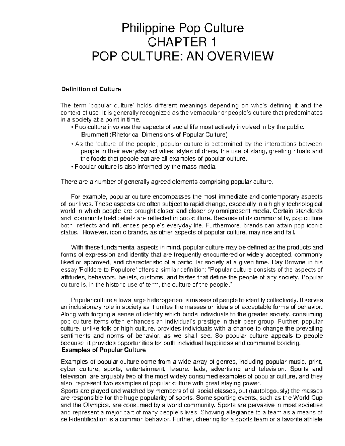 Lesson 1: Overview of Philippine Pop Culture and Its Elements - Studocu