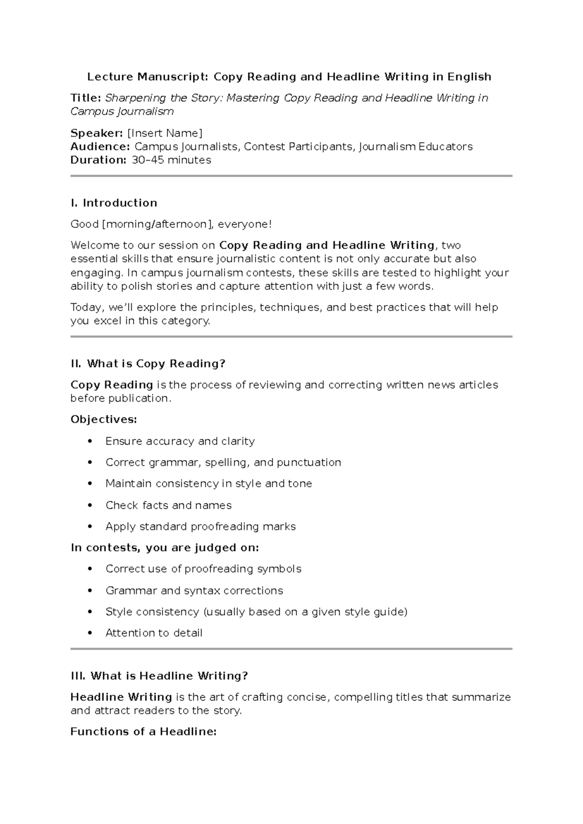 ENG 101: Lecture on Copy Reading & Headline Writing Skills - Studocu