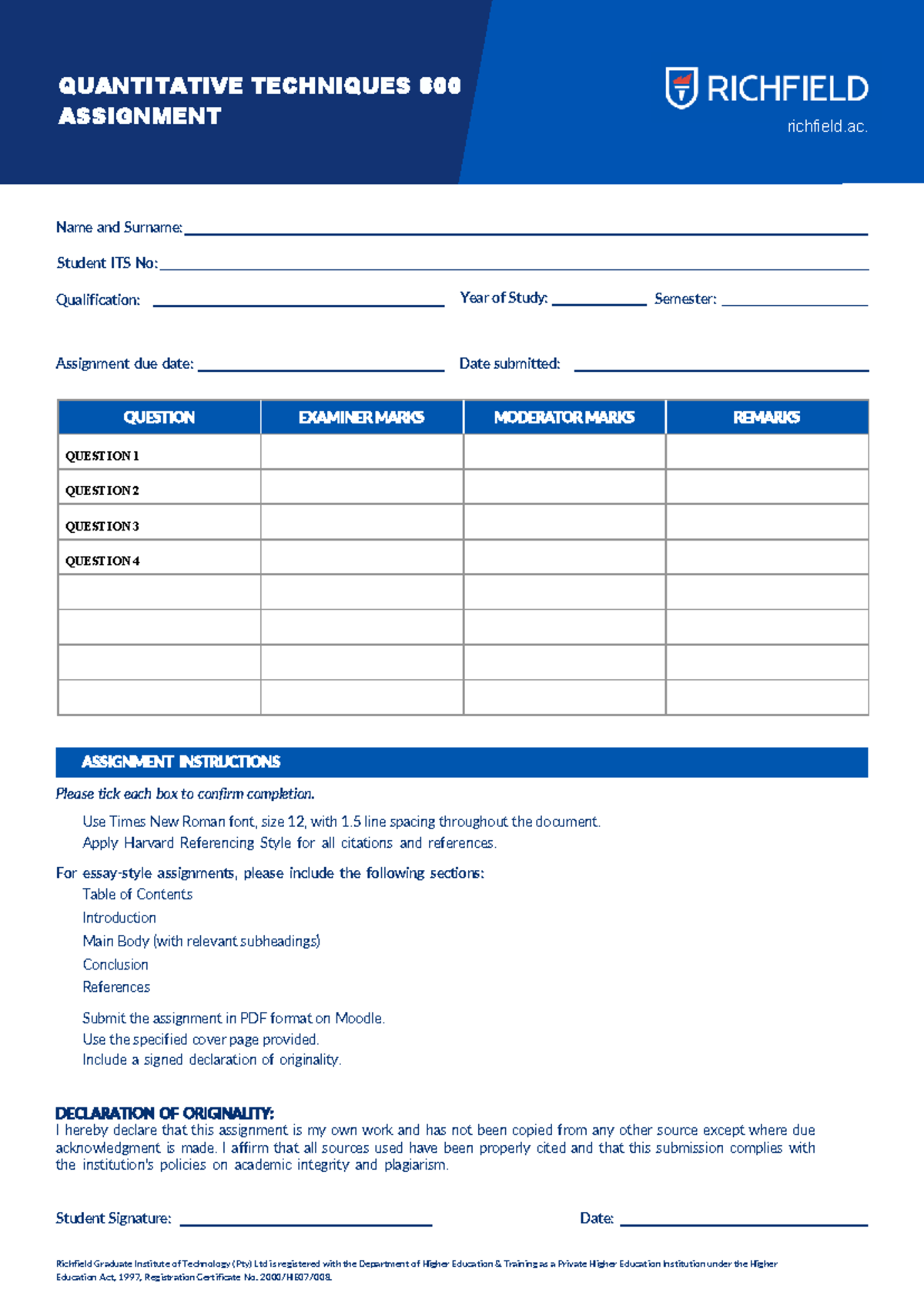Quantitative Techniques 600 Assignment - Studocu
