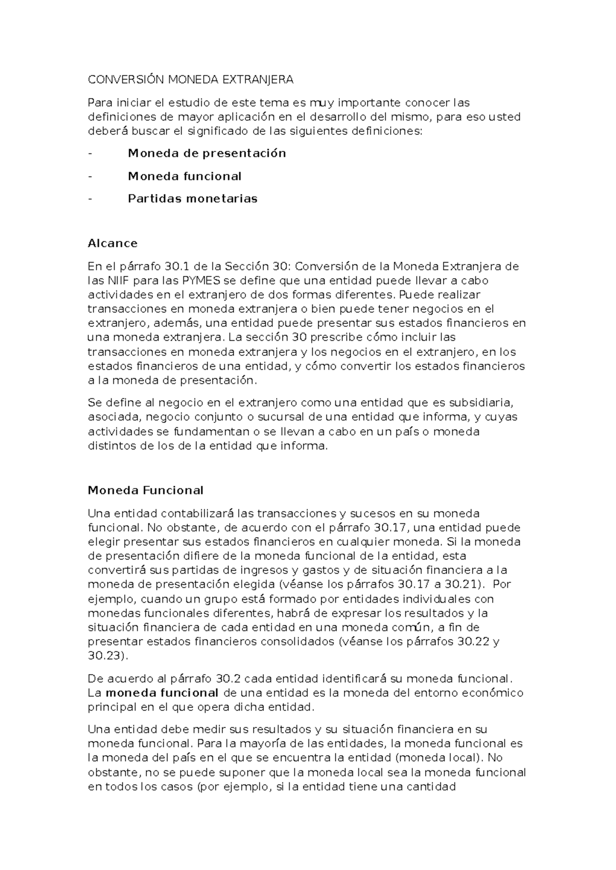 Conversión de Moneda Extranjera: NIIF para PYMES (Sección 30) - Studocu