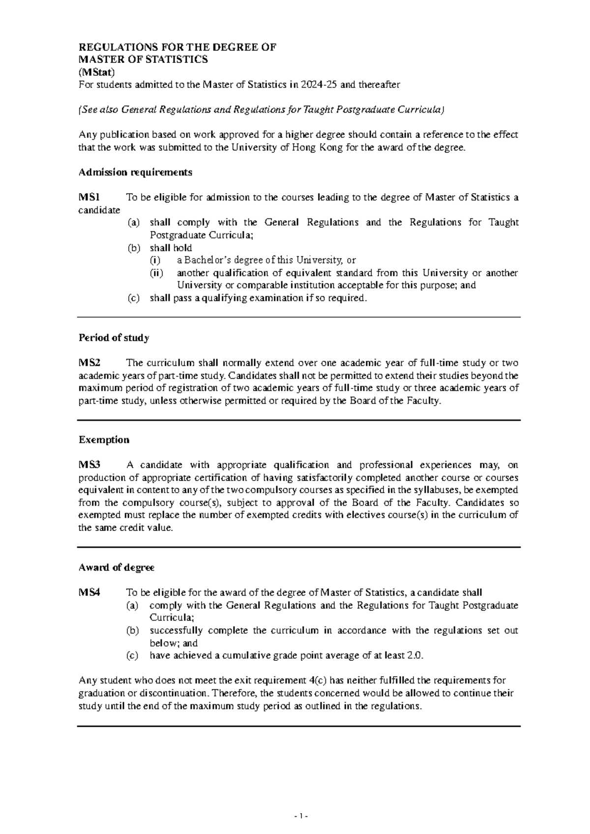 MStat Regulations: Admission, Curriculum & Course Overview - Studocu