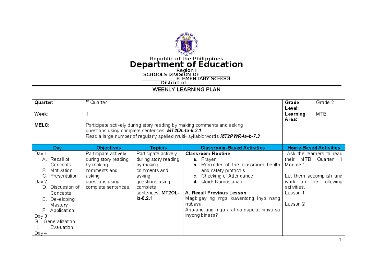 WLP Week1 Q1 Grade 2 - Lesson Plans - Republic of the Philippines ...