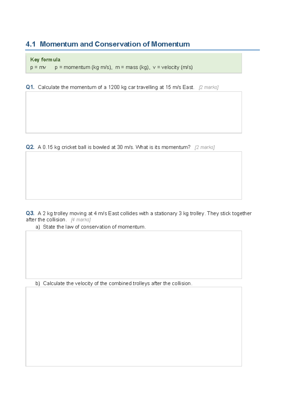 Ch4 Practice Worksheet: Momentum & Conservation of Momentum - Studocu