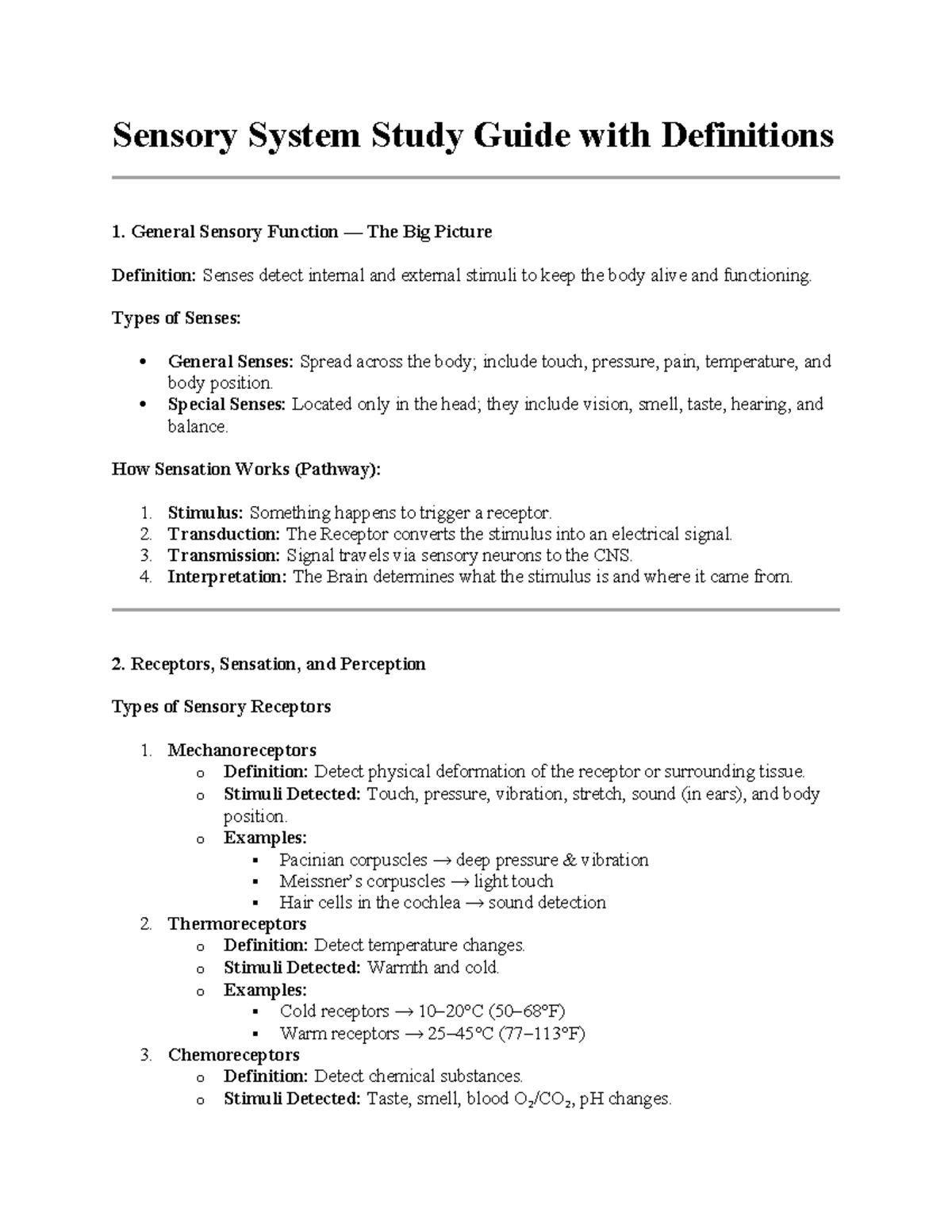 Sensory System Study Guide: Key Concepts & Definitions - Studocu
