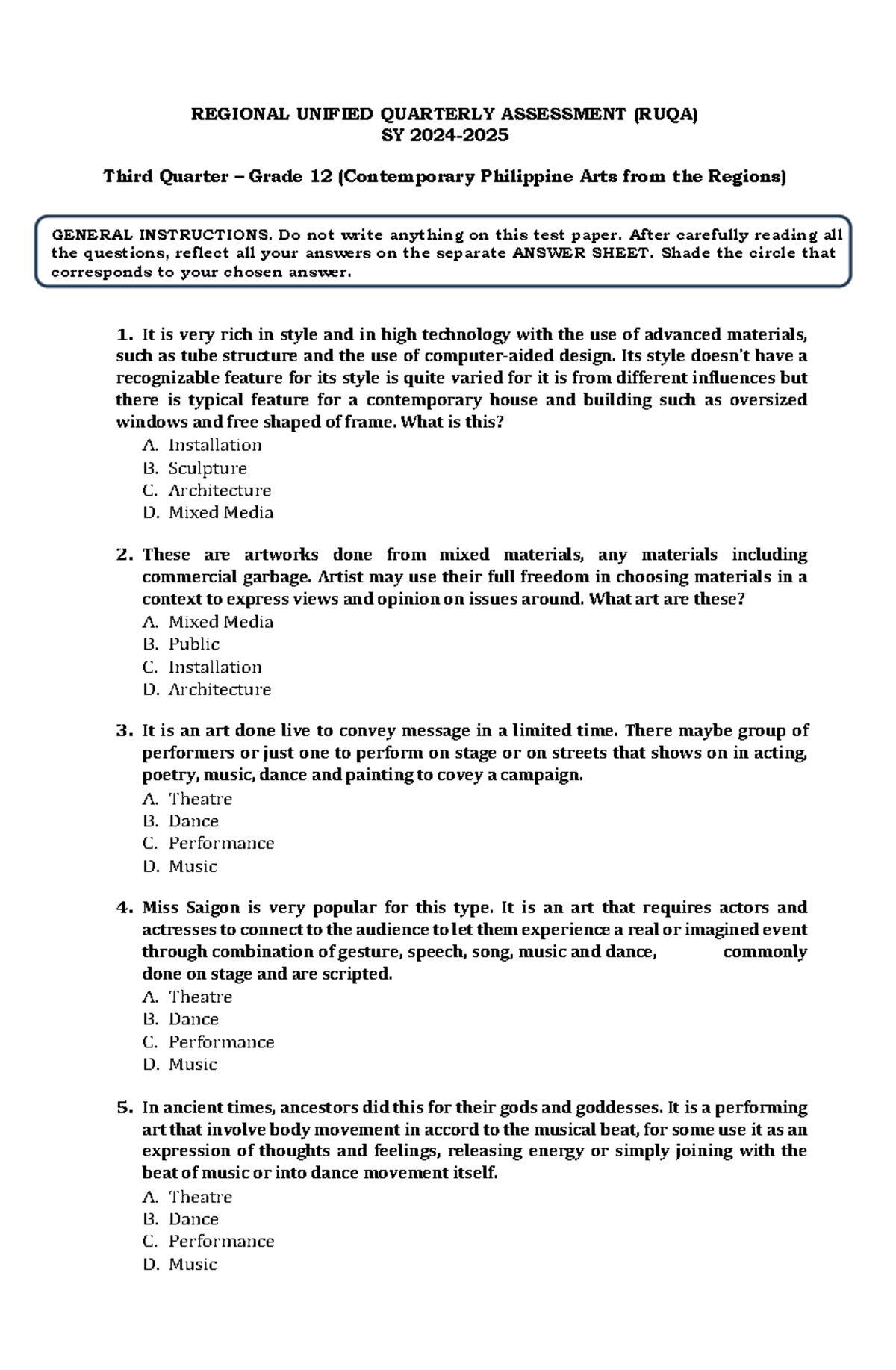 AP 12 Test Questionnaire CPAR Q3 - REGIONAL UNIFIED QUARTERLY ...