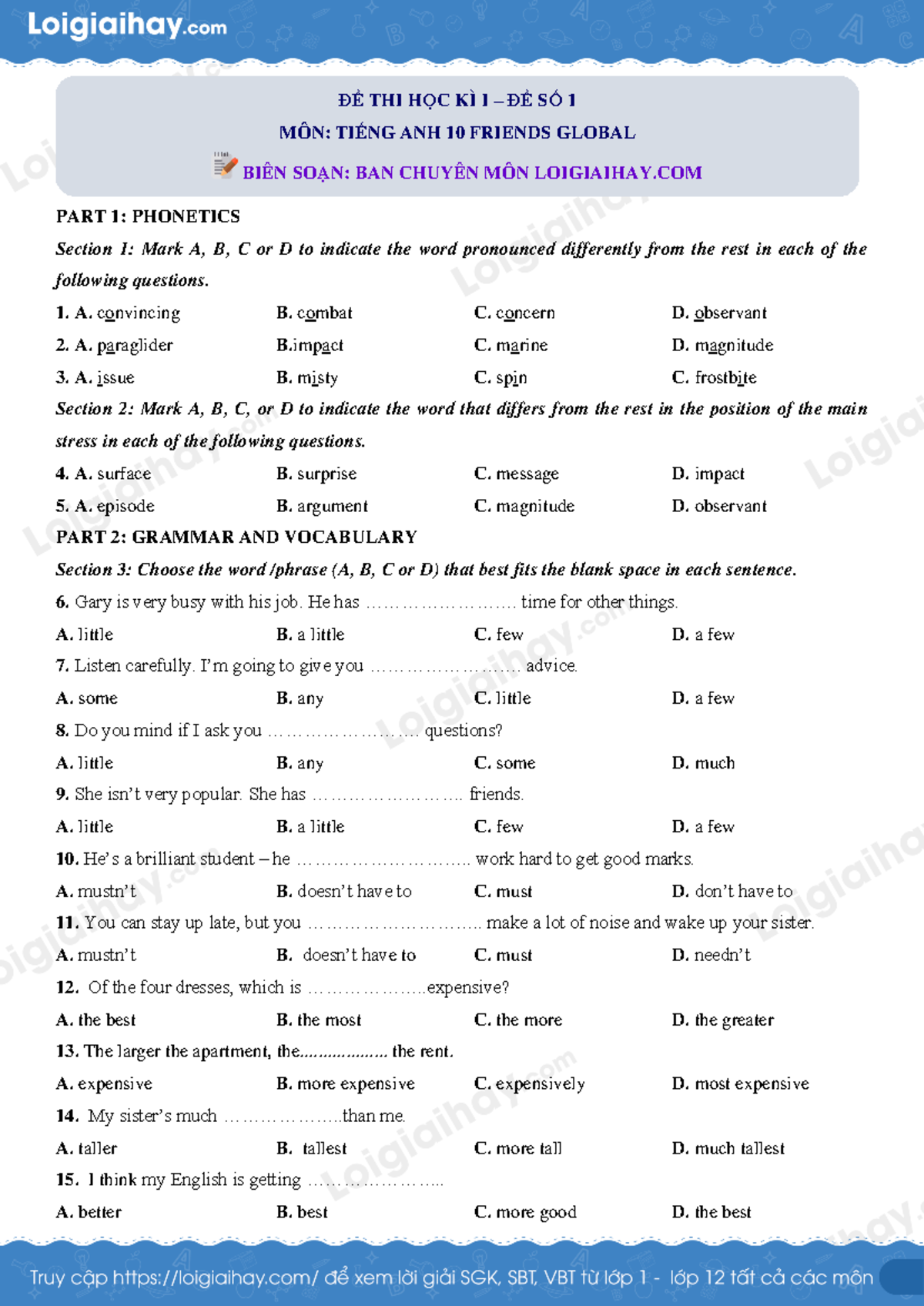 De thi hoc ki 1 tieng anh 10 friends global de so 1 - PART 1: PHONETICS ...