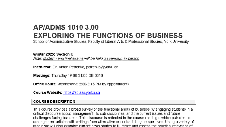 ADMS 1010: Midterm & Final Exam Study Guide on Business Functions - Studocu