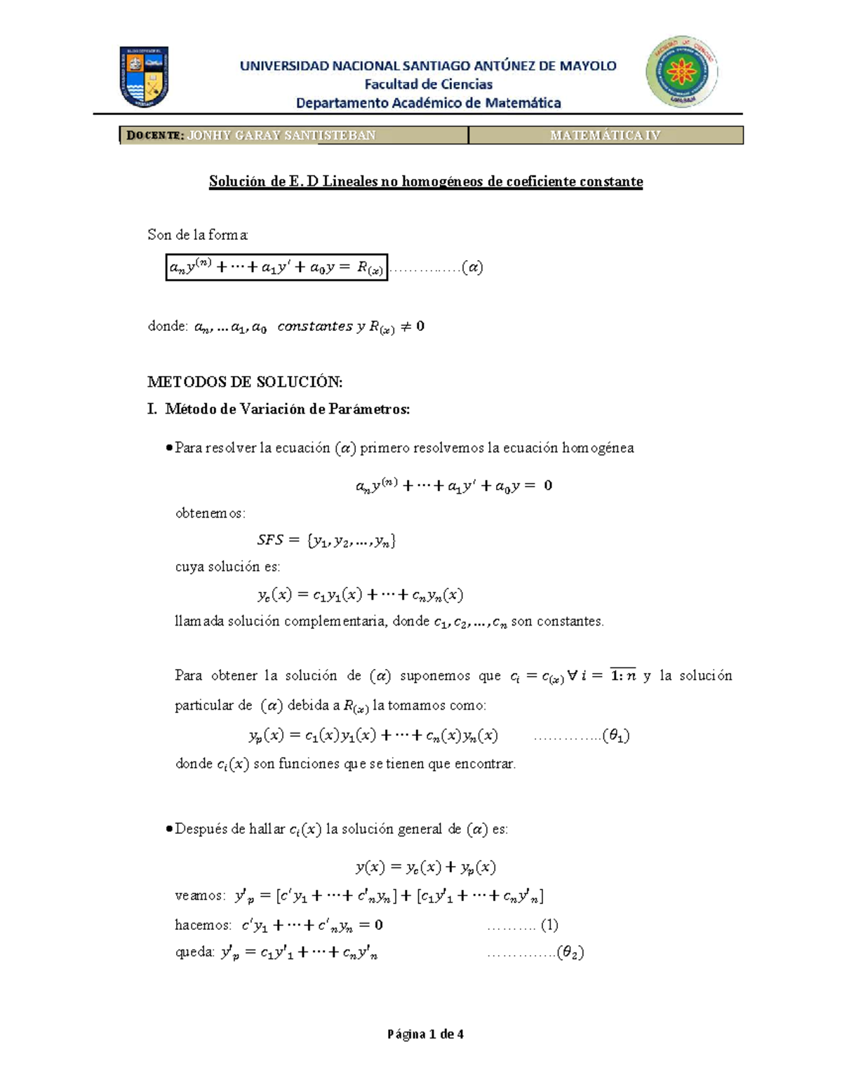 Clase 6 - EDO Lineales No Homogéneas de Coeficientes Constantes 2025-1 ...