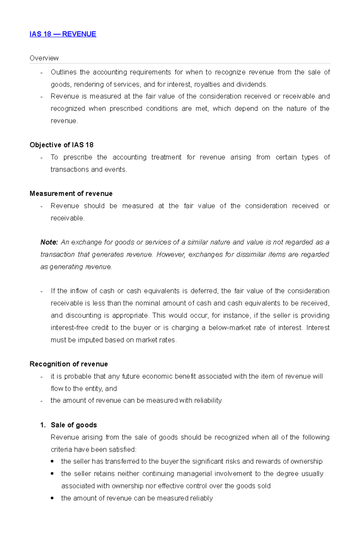 PAS 18 - Understanding IAS 18 Revenue Recognition Principles - Studocu