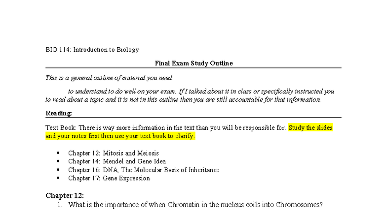 BIO 114: Final Exam Study Guide on Genetics & Cell Division - Studocu