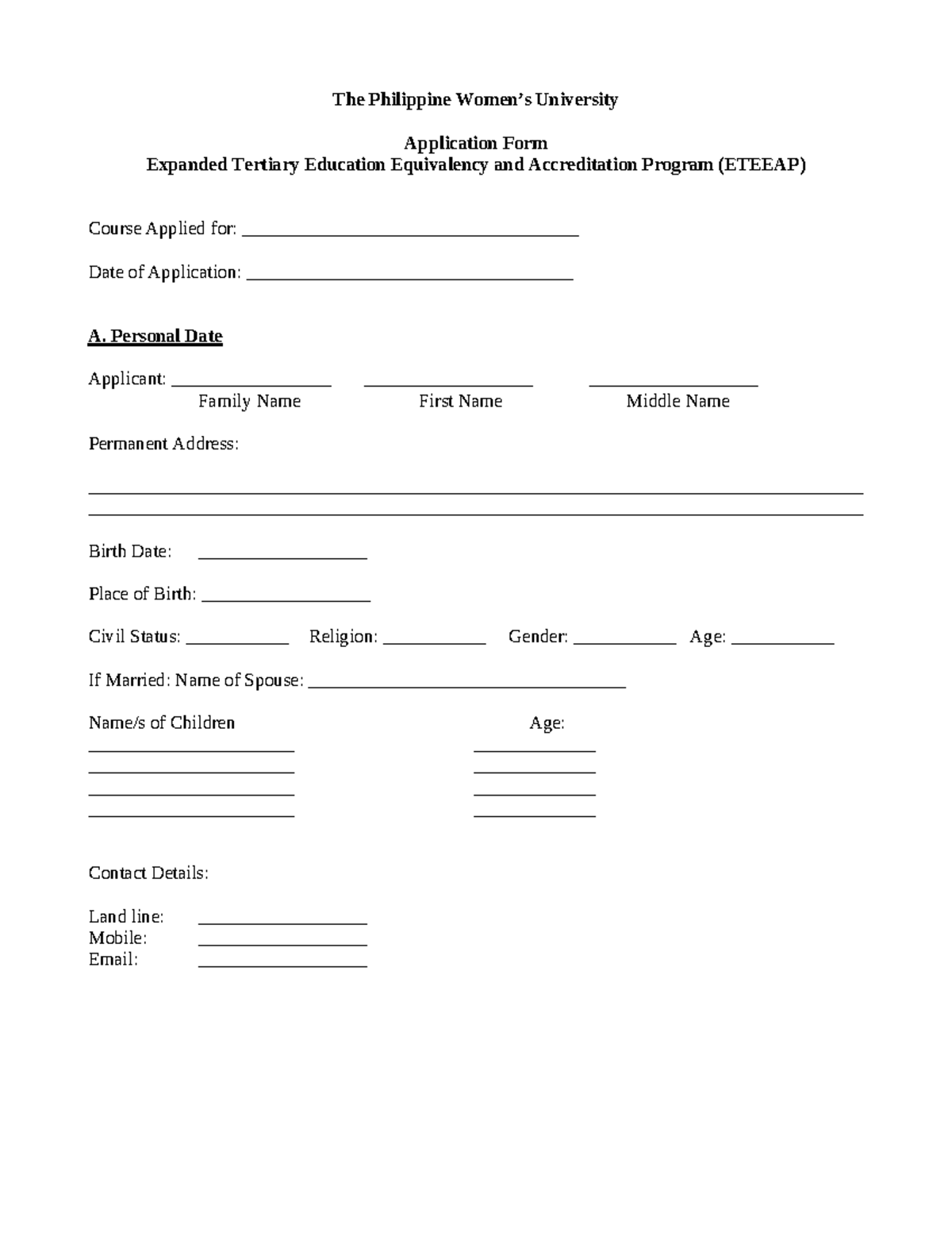 PWU Eteeap Application Form - The Philippine Women’s University ...