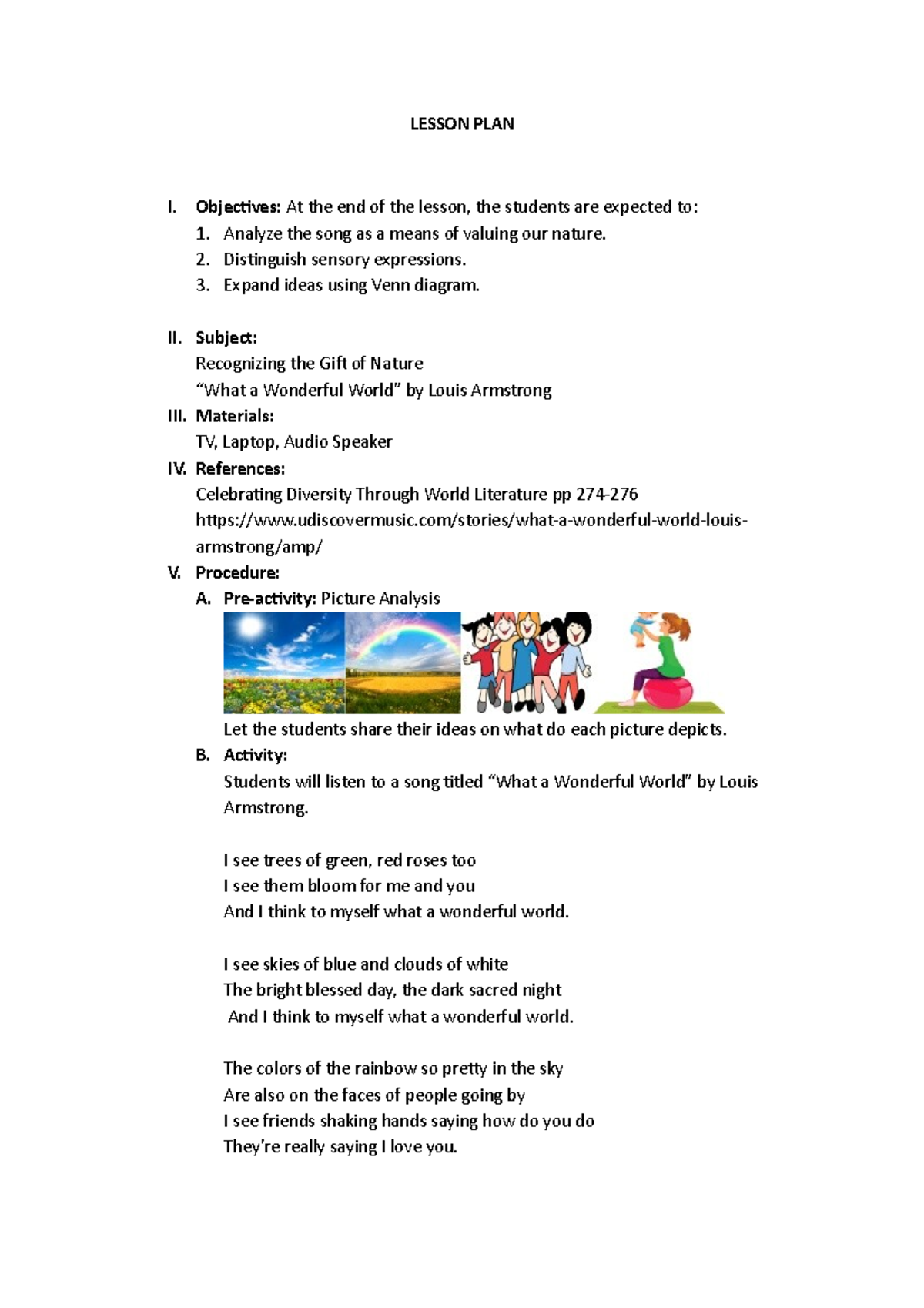 Grade 7 Lesson Plan: Exploring "What a Wonderful World" Through Nature ...