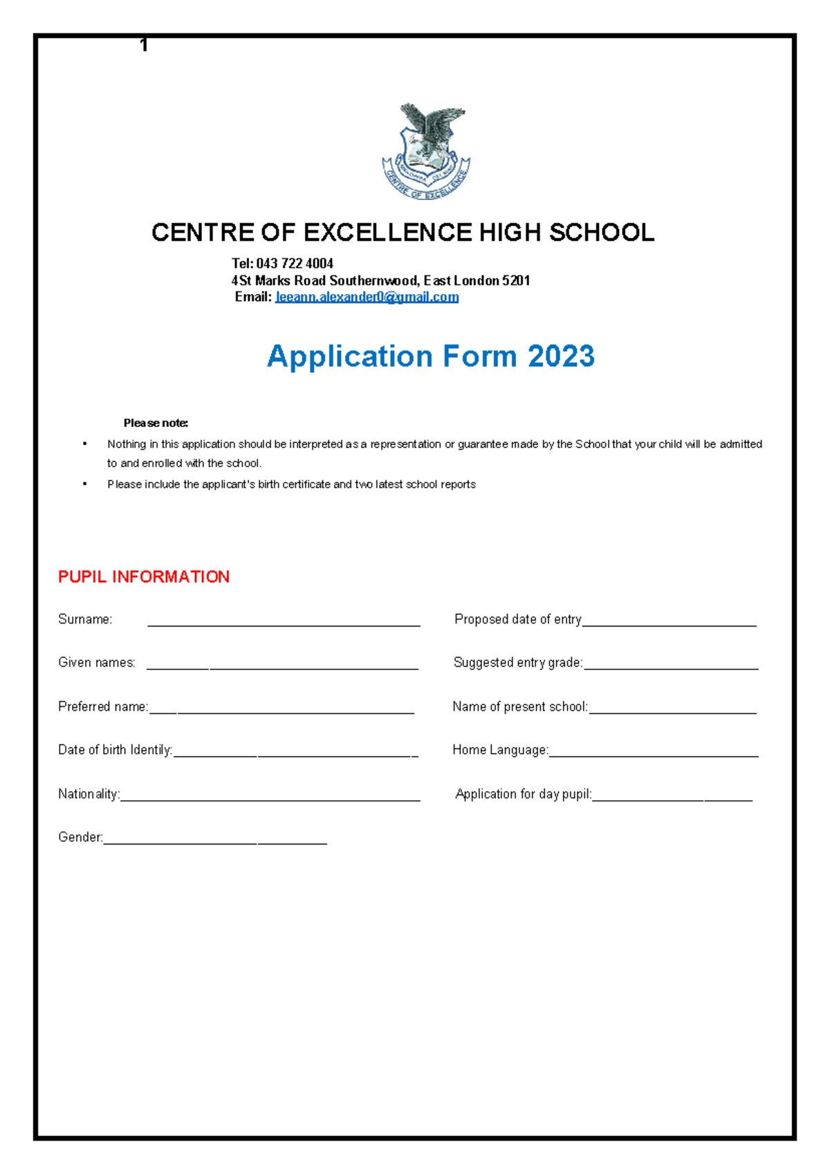 Application Form for Centre of Excellence High School 2023 - Studocu