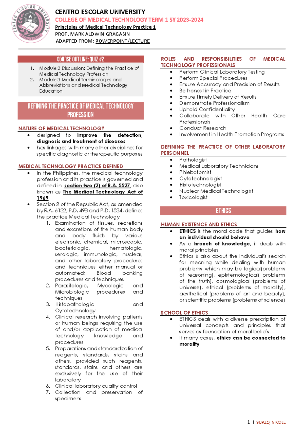 Principles of Medical Technology Practice 1 (PMTP) Modules 2 & 3 ...
