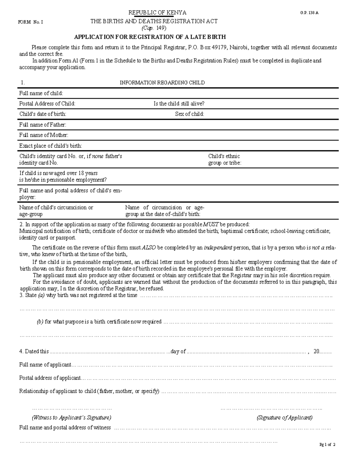 Gp 138A Application for Late Birth Registration in Kenya - Studocu