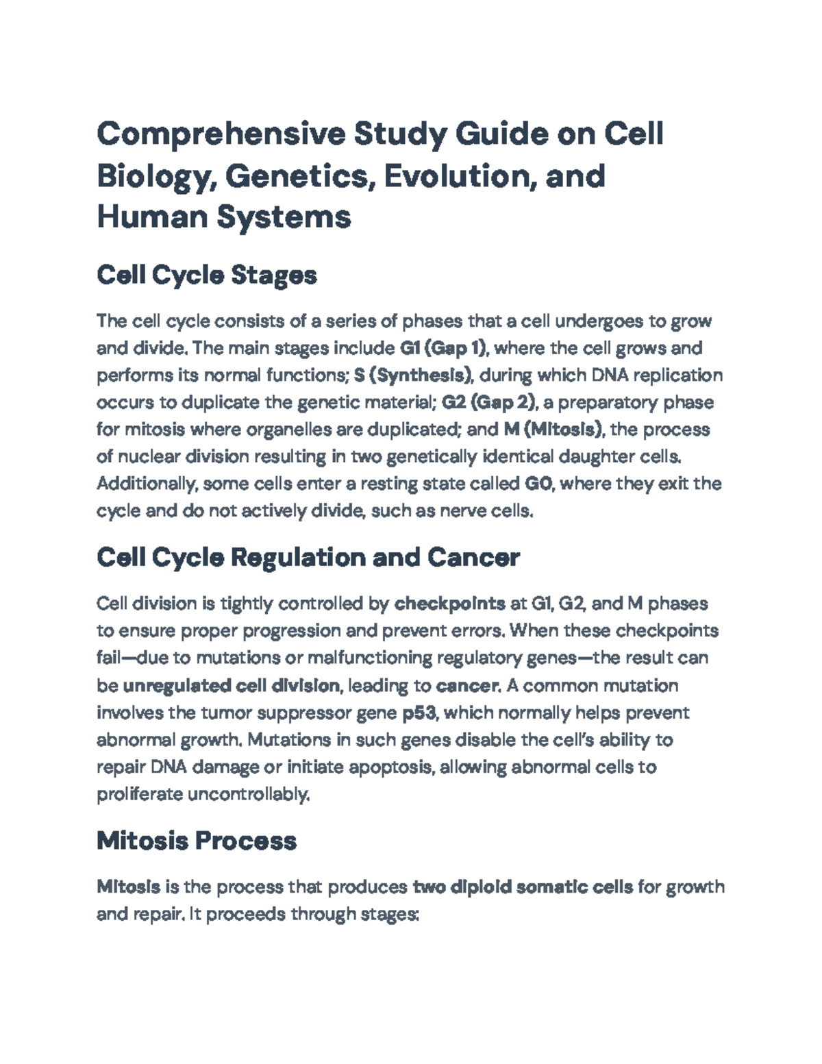 Comprehensive Study Guide: Cell Biology, Genetics, Evolution & Human ...