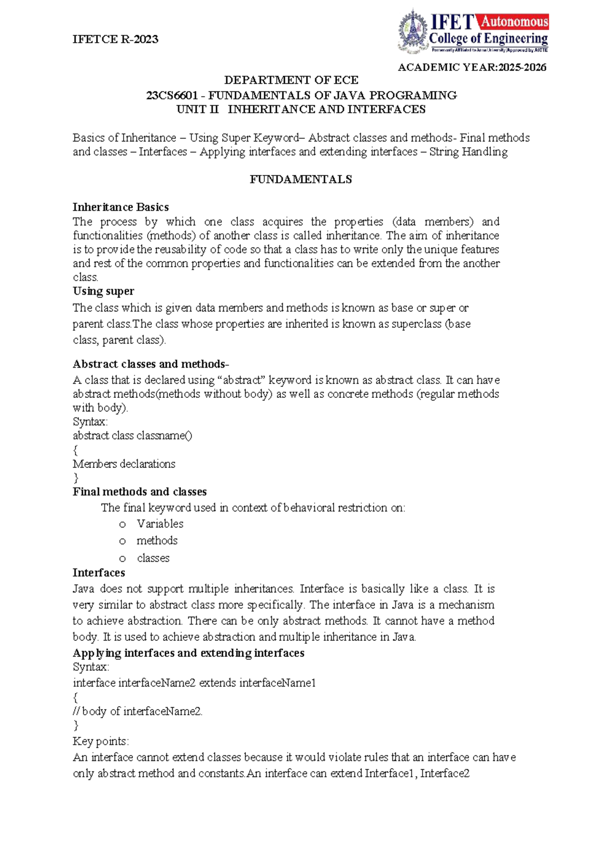 23CS6601 UNIT II: Inheritance & Interfaces in Java Fundamentals - Studocu