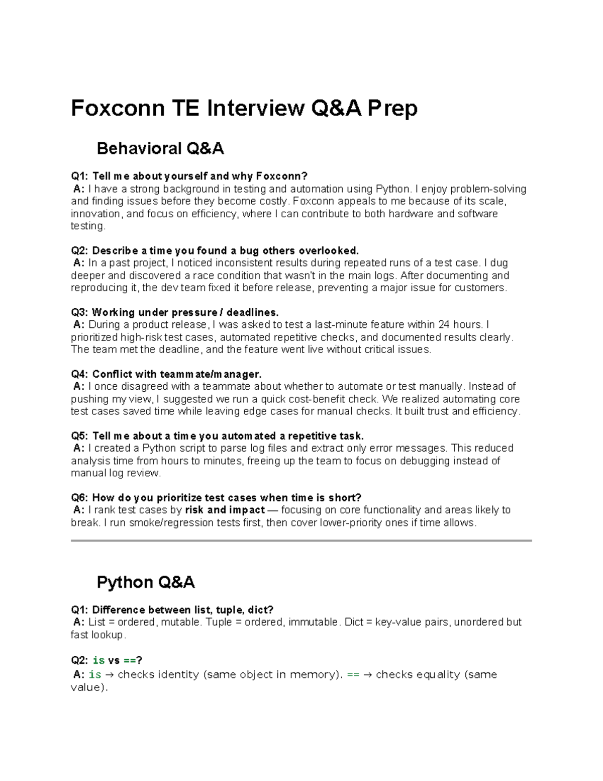 Foxconn TE Interview Prep: Q&A for Testing & Python Skills - Studocu