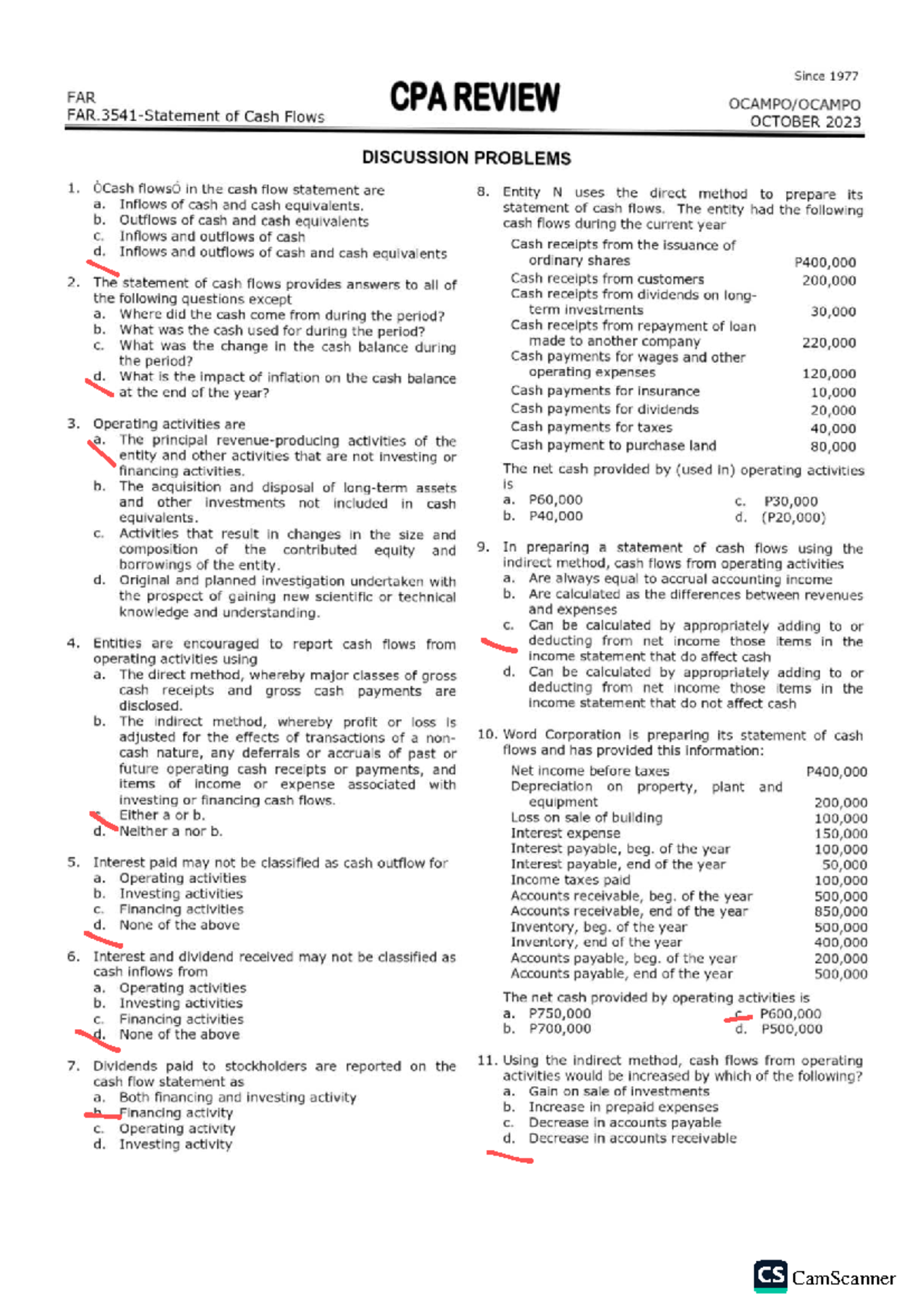 FAR.3541 Cash Flow Statement Review and Discussion Problems - OCT 2023 ...