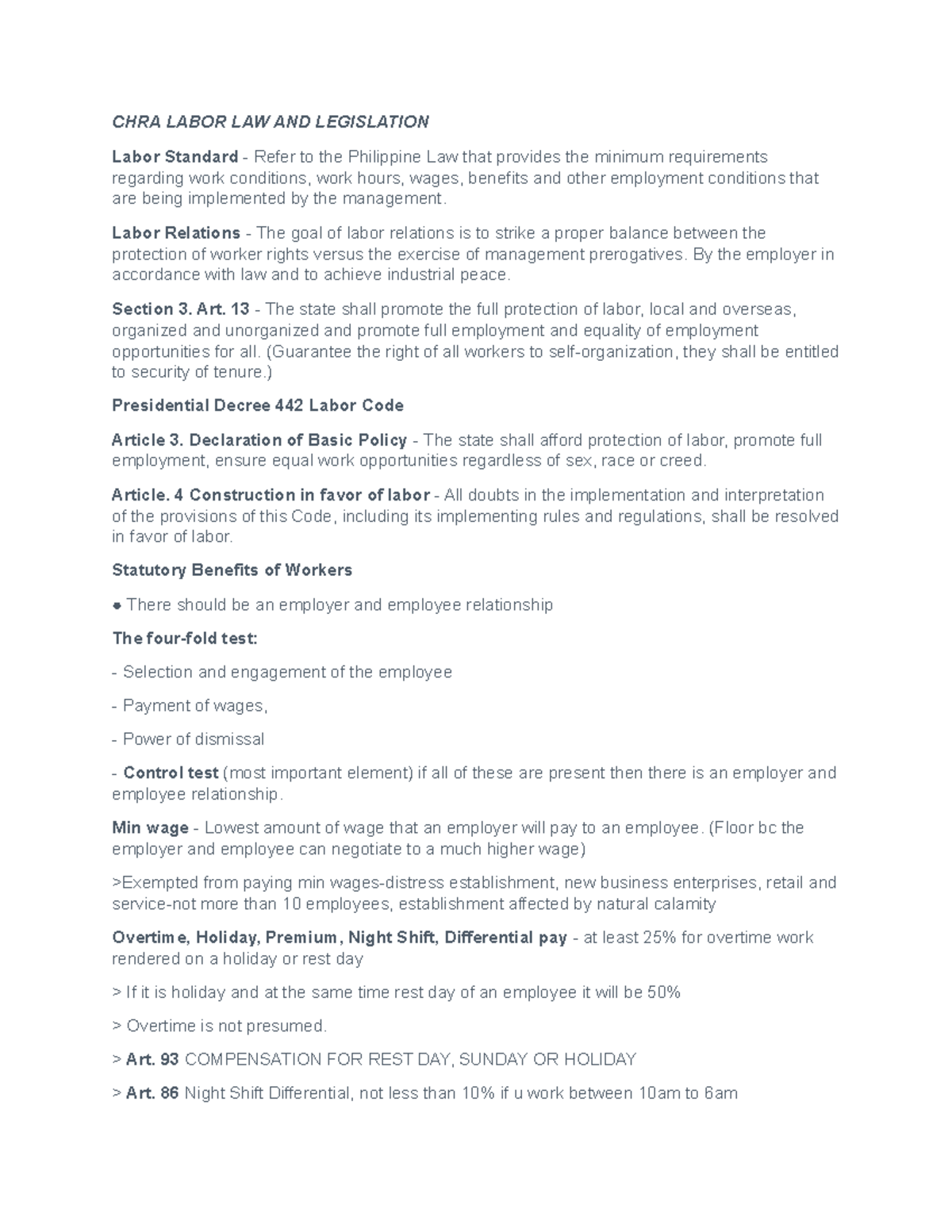 CHRA Labor Law & Legislation: Key Standards & Rights - Studocu