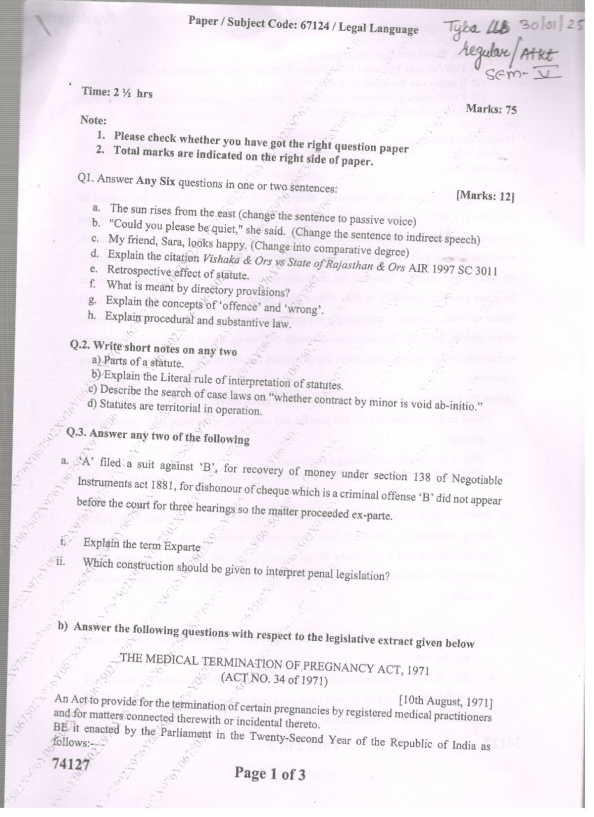 TYBA Legal Language Regular ATKT SEM-V Exam Paper - Marks 75 - Studocu
