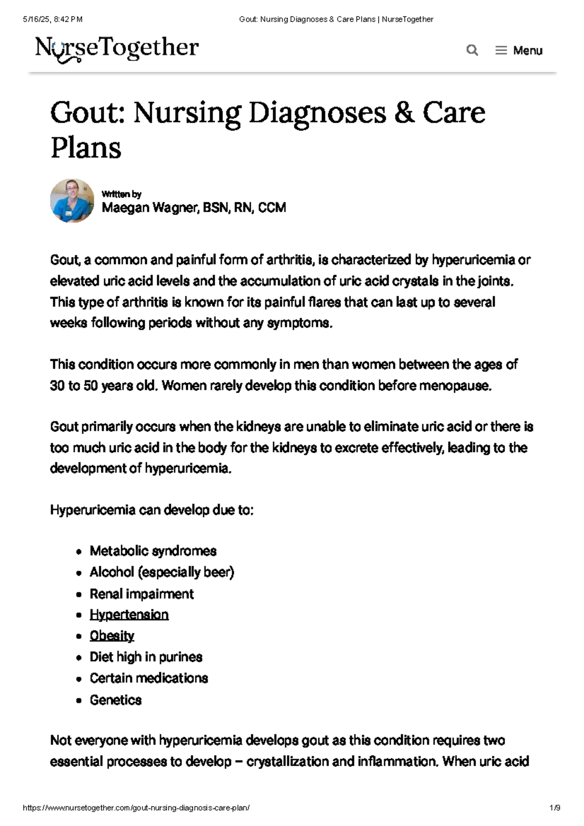 Gout: Nursing Diagnoses & Care Plans for Effective Management (NUR 101 ...