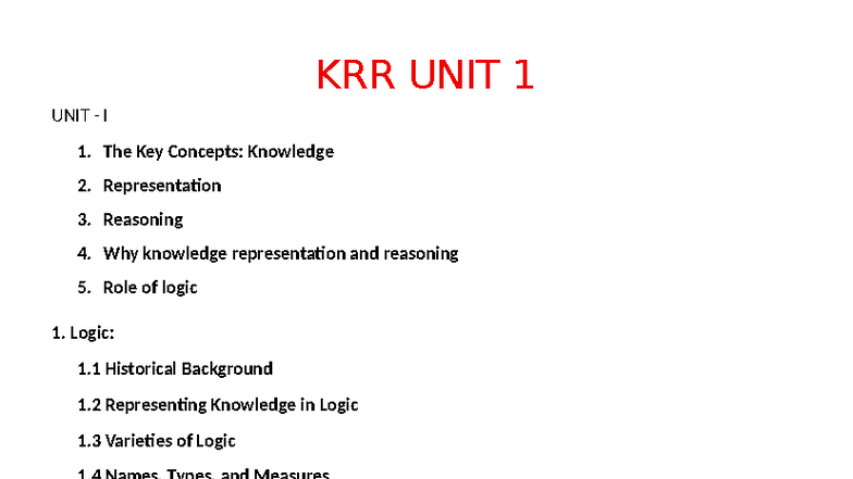 KRR UNIT 1 - Key Concepts in Knowledge Representation and Reasoning ...