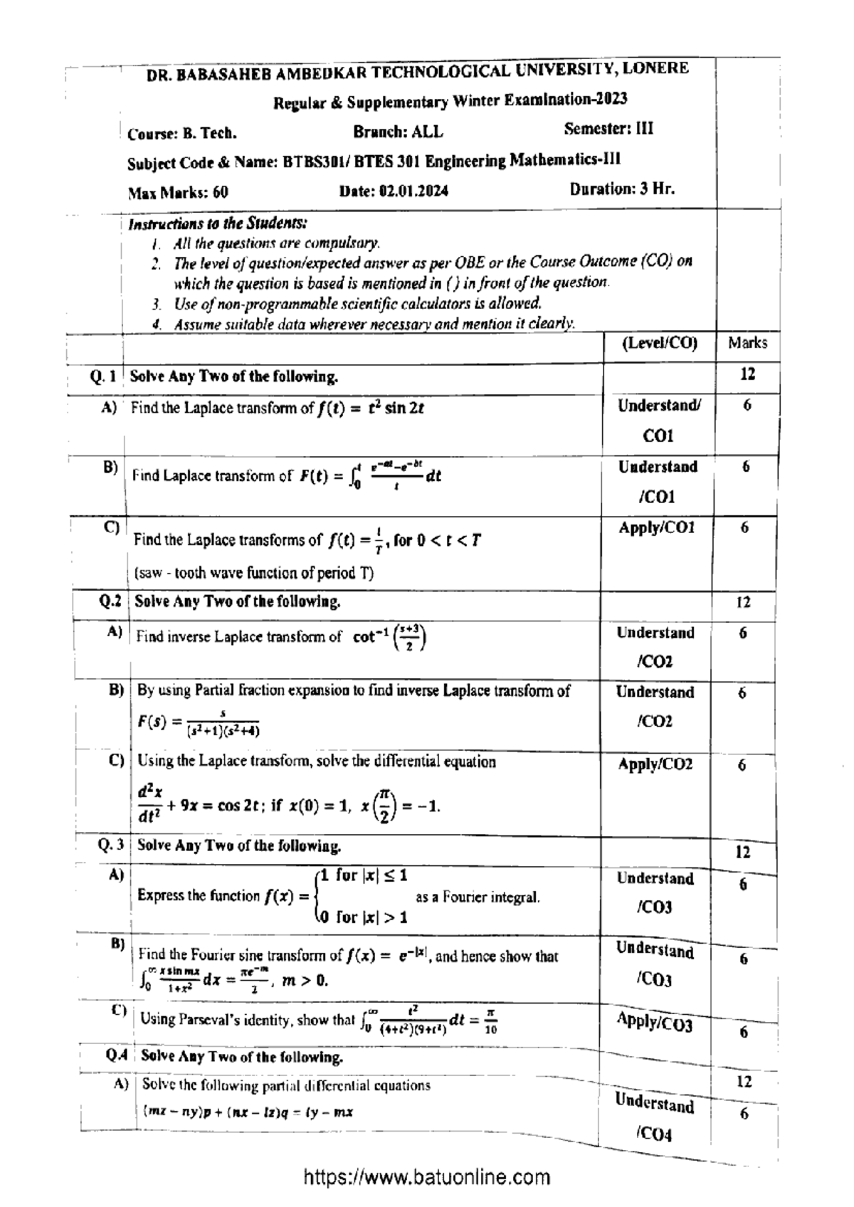 BTES301 Engineering Mathematics III - B.Tech 3rd Sem Exam Jan 2024 ...