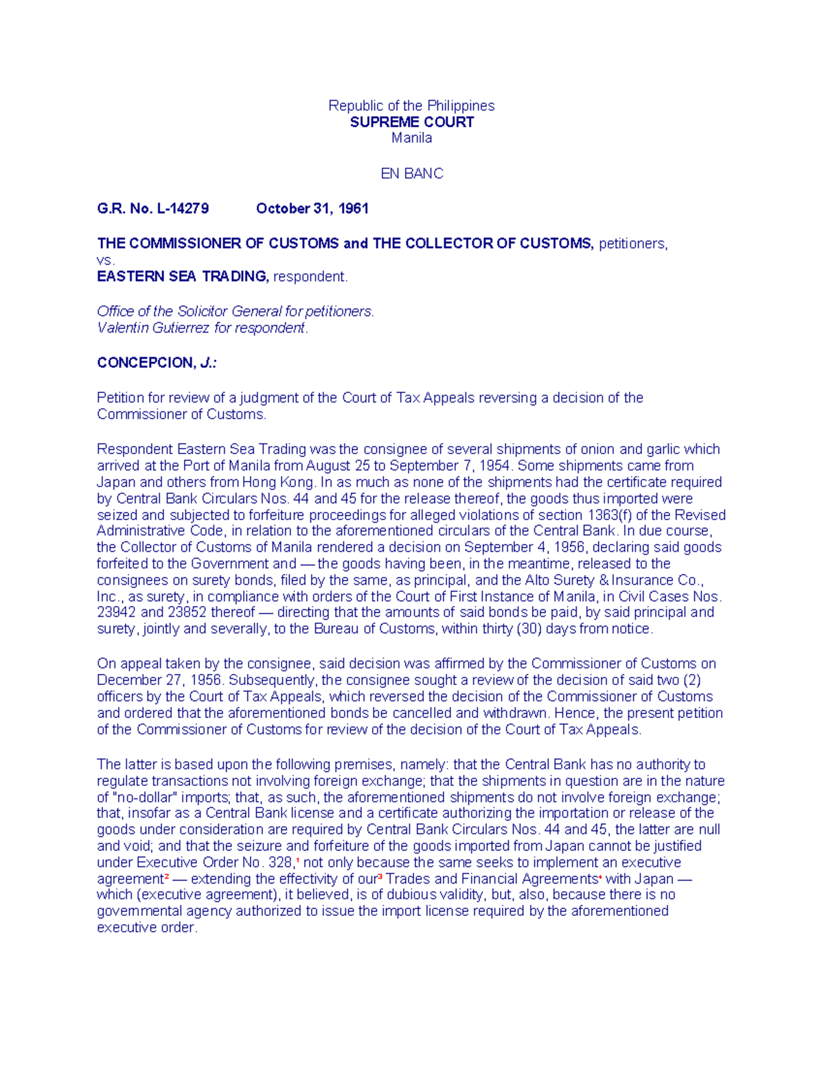 G.R. No. 12345: Commissioner of Customs vs. Eastern Sea Trading ...