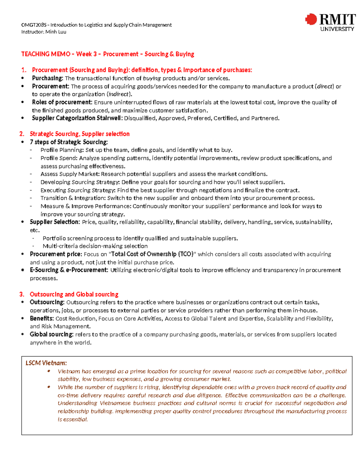 OMGT2085 - Week 3 Teaching Memo: Procurement, Sourcing & Buying ...