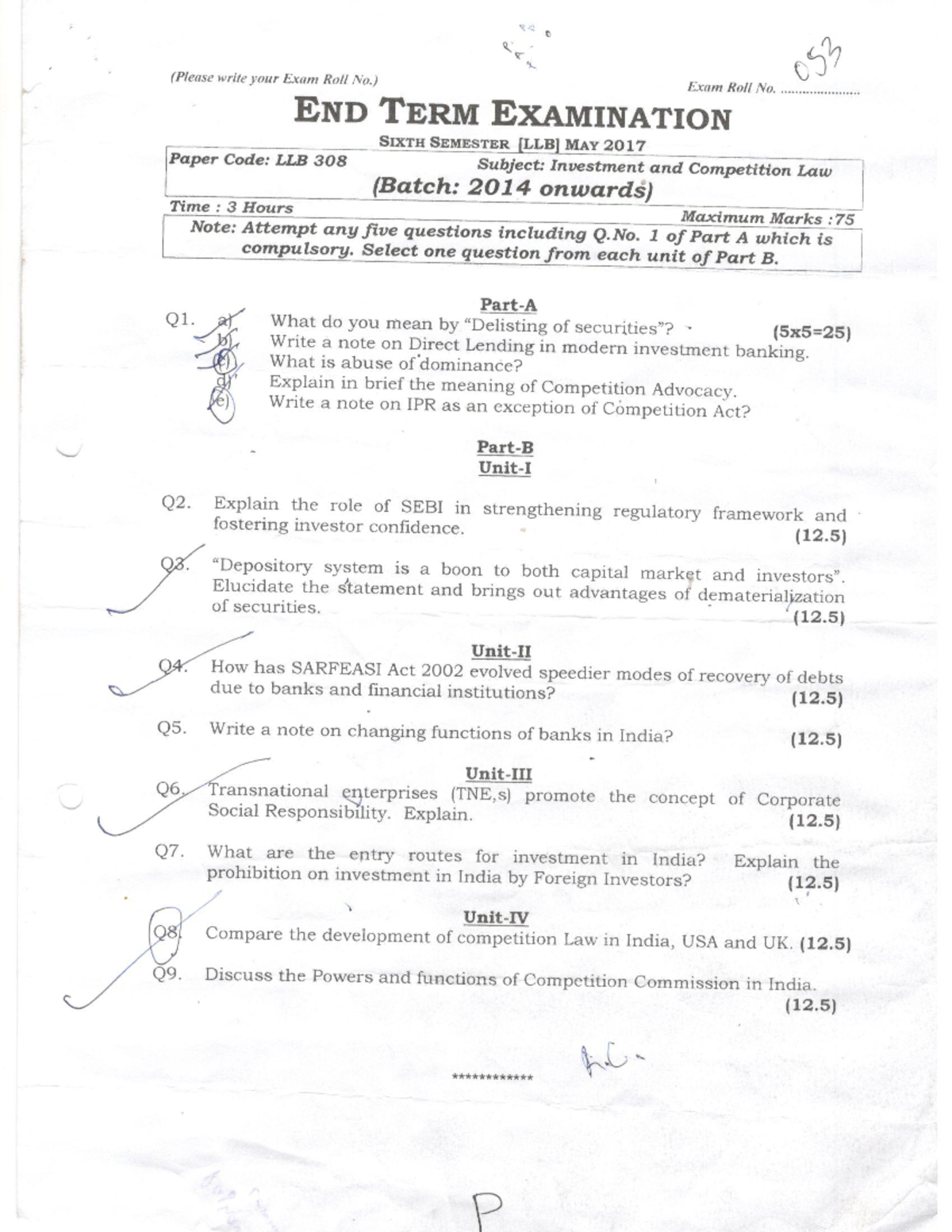 LLB 308 May- June 2017 - 053 (Please write your Exam Roll No.) Exam ...