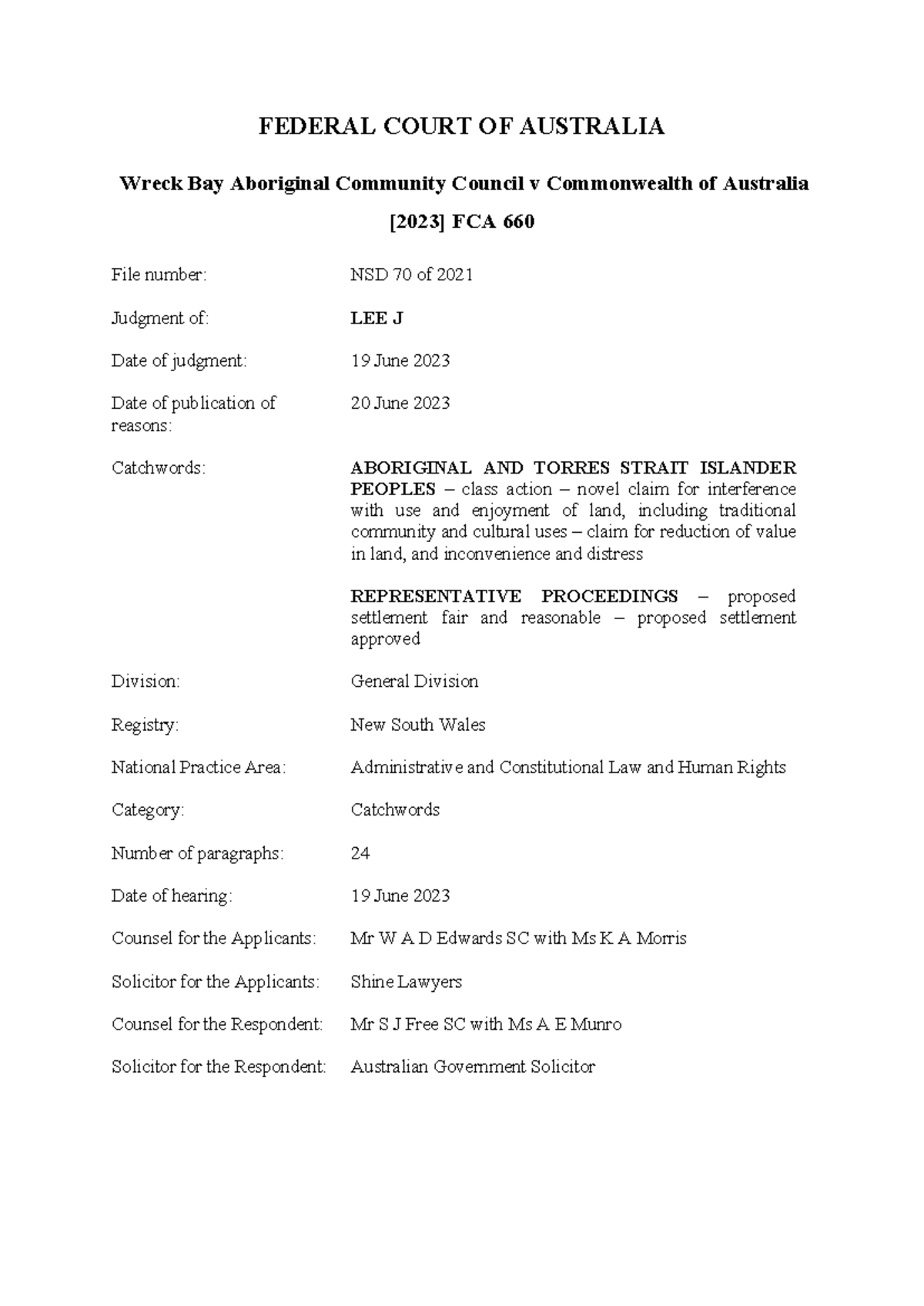 Wreck BAY Aboriginal Community Council v Commonwealth OF Australia ...