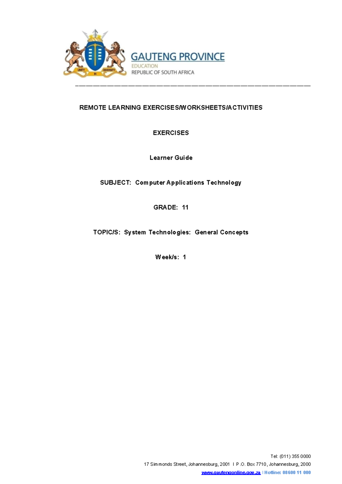 CAT Grade 11 Term 1 Week 1 Remote Learning Exercises Guide - Studocu