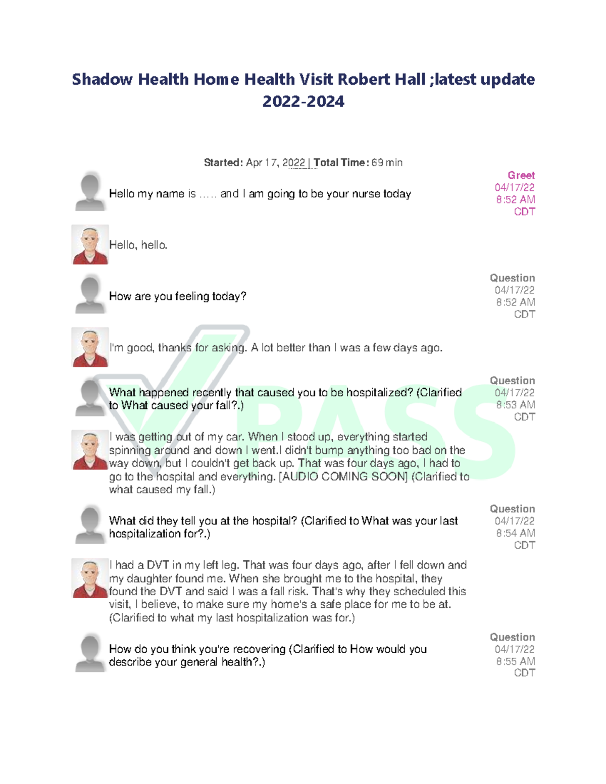 Shadow Health Home Health Visit: Robert Hall Patient Case Study - Studocu