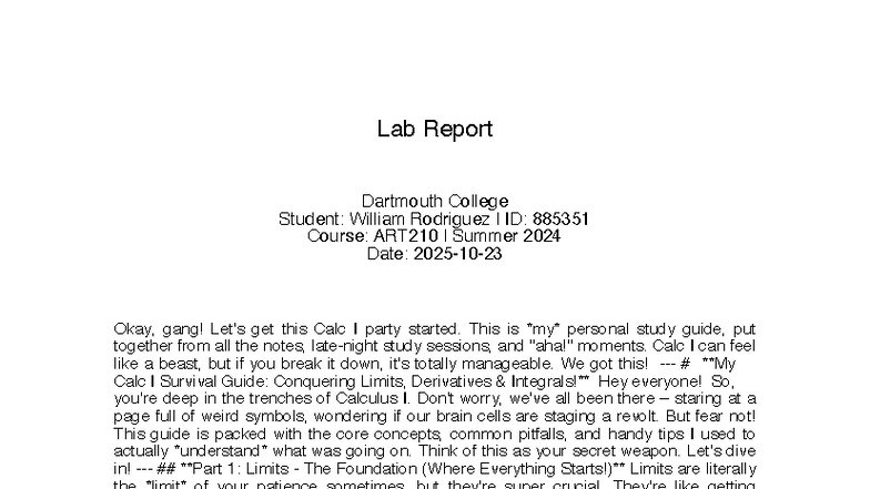 ART210 Summer 2024: Calc I Survival Guide - Limits & Derivatives - Studocu