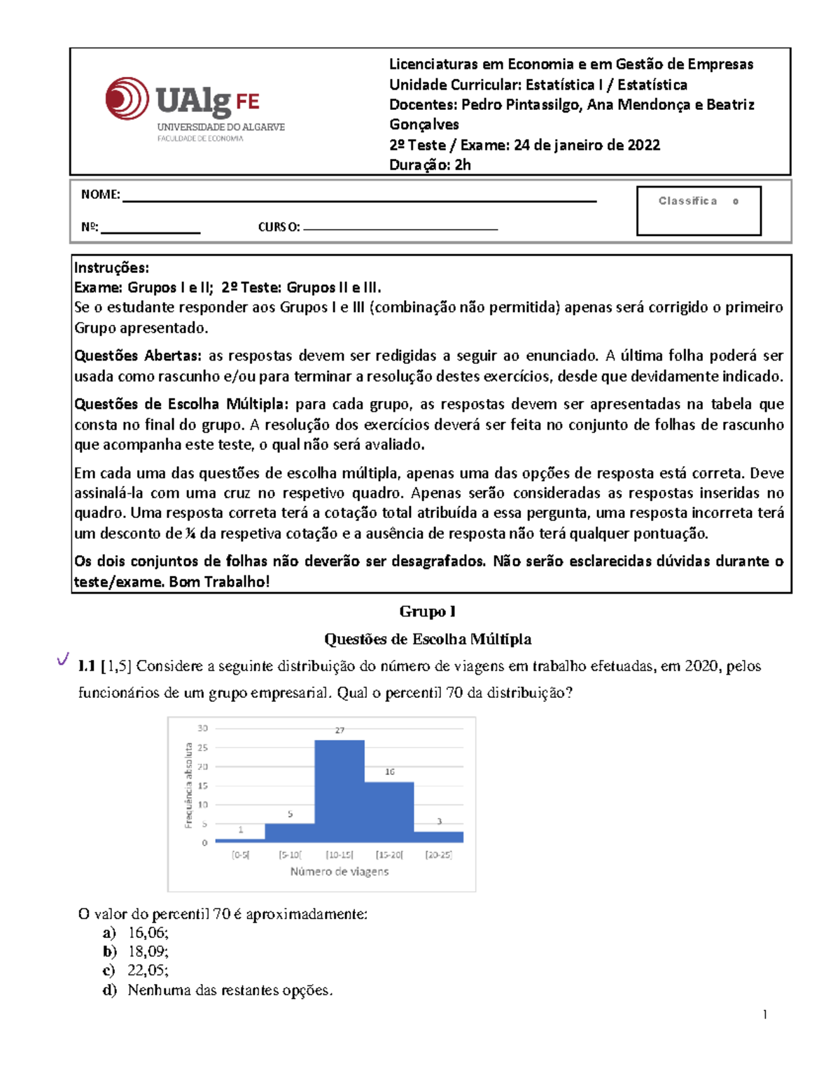 Estatística I - 2º Teste Exame - Licenciaturas em Economia e Gestão ...