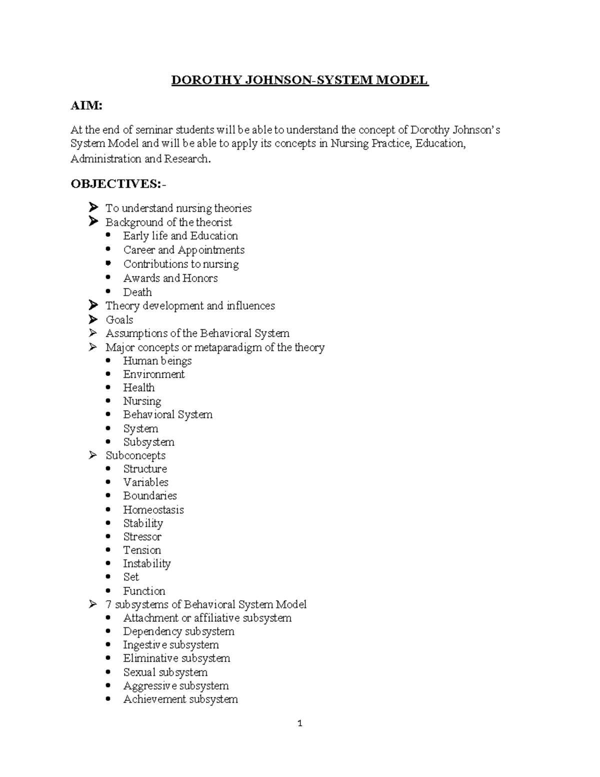 Dorothy Johnson's Behavioral System Model in Nursing - M.Sc. Notes ...