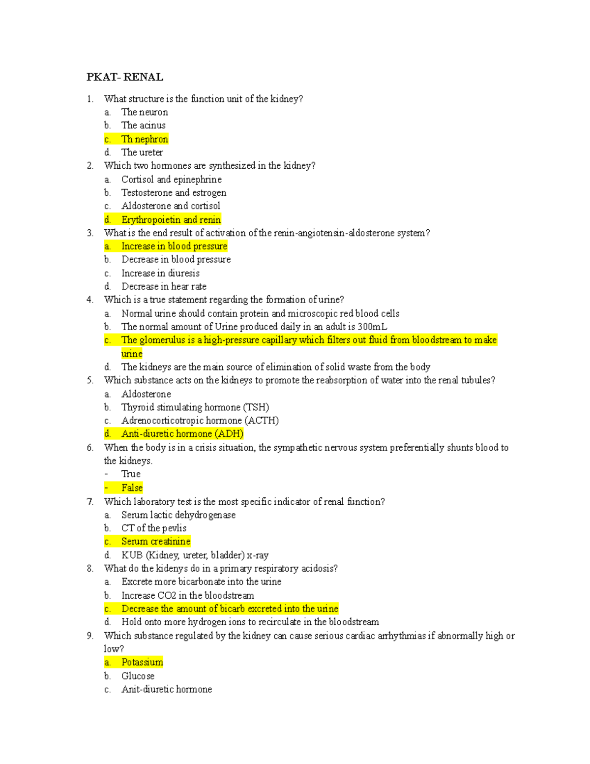 PKAT - Renal and GI Quiz: Key Concepts and Questions - Studocu