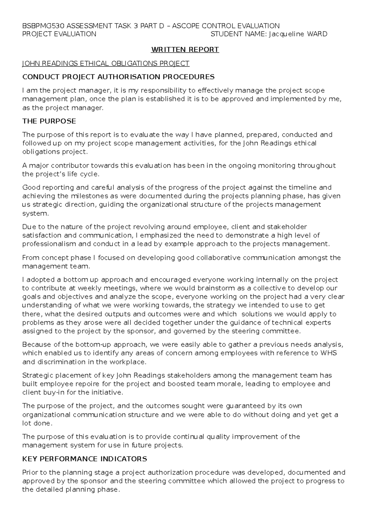 BSBPMG530 Assessment Task 3 Part D: Scope Control Evaluation Report ...
