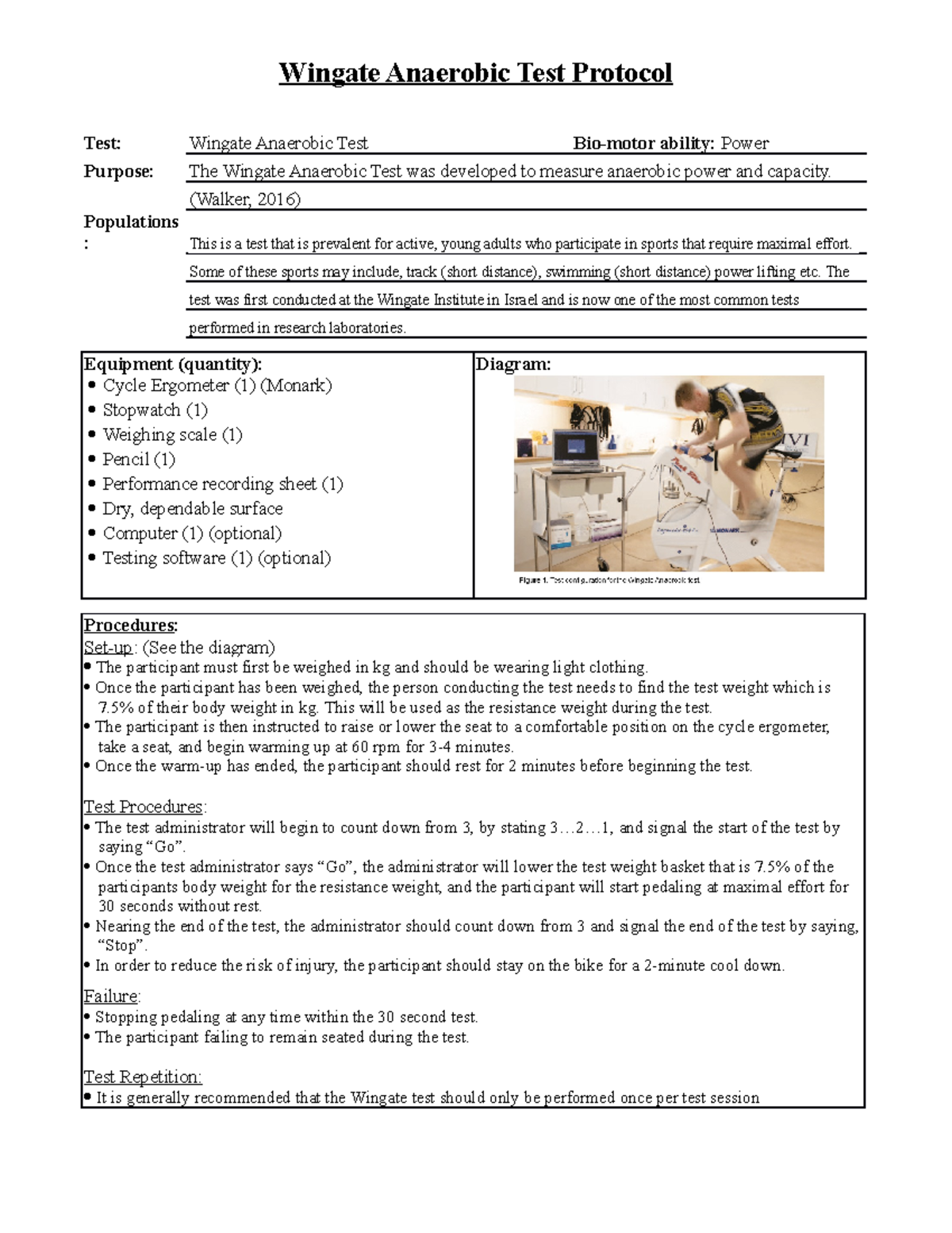 Wingate Test Protocol - Wingate Anaerobic Test Protocol Test: Wingate ...